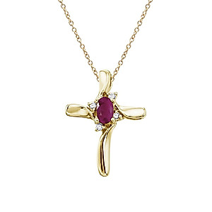 14K Yellow Gold Ruby and Diamond Cross Pendant with 18" Chain
