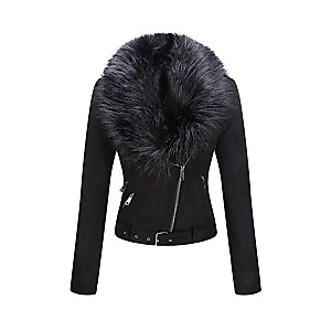 Bellivera Women's Faux Suede Leather Jacket Moto Fleece-Lined Coat with Detachable Fur Collar 8830 Black XXL