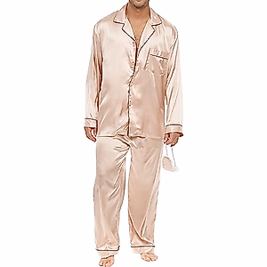 Alexander Del Rossa Men's Button Down Satin Pajama Set with Sleep Mask, Long Silk like Pjs, Champagne 2XL