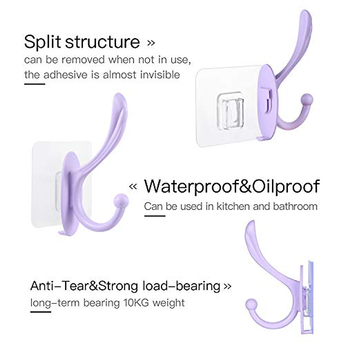 Coat Hook 8 Pack Split Design Heavy Duty Transparent Reusable Seamless Wall Mounted Double Removable Hooks for Coat,Scarf,Bag,Towel,Key,Cap,Cup,Hat(Purple)