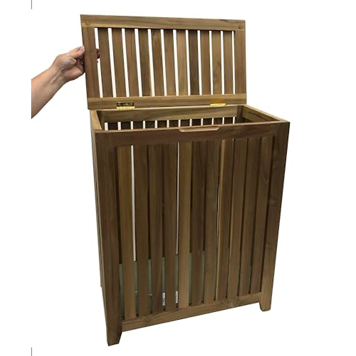 Genuine Teak Wood Spa Style Full Size Hamper, Top Load Double Hinged Lid, Slat Panel Woodgrain Finish, 19.75 Inch Width x 11 inch Depth x 26 Inch Tall