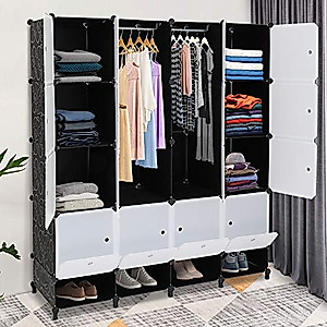 VINGLI Portable Closet Shelves, 16 Cube Clothes Organizer, Plastic Playroom Storage, Storage Closet, DIY Cube Storage Organizer with Doors and Hanging Rods