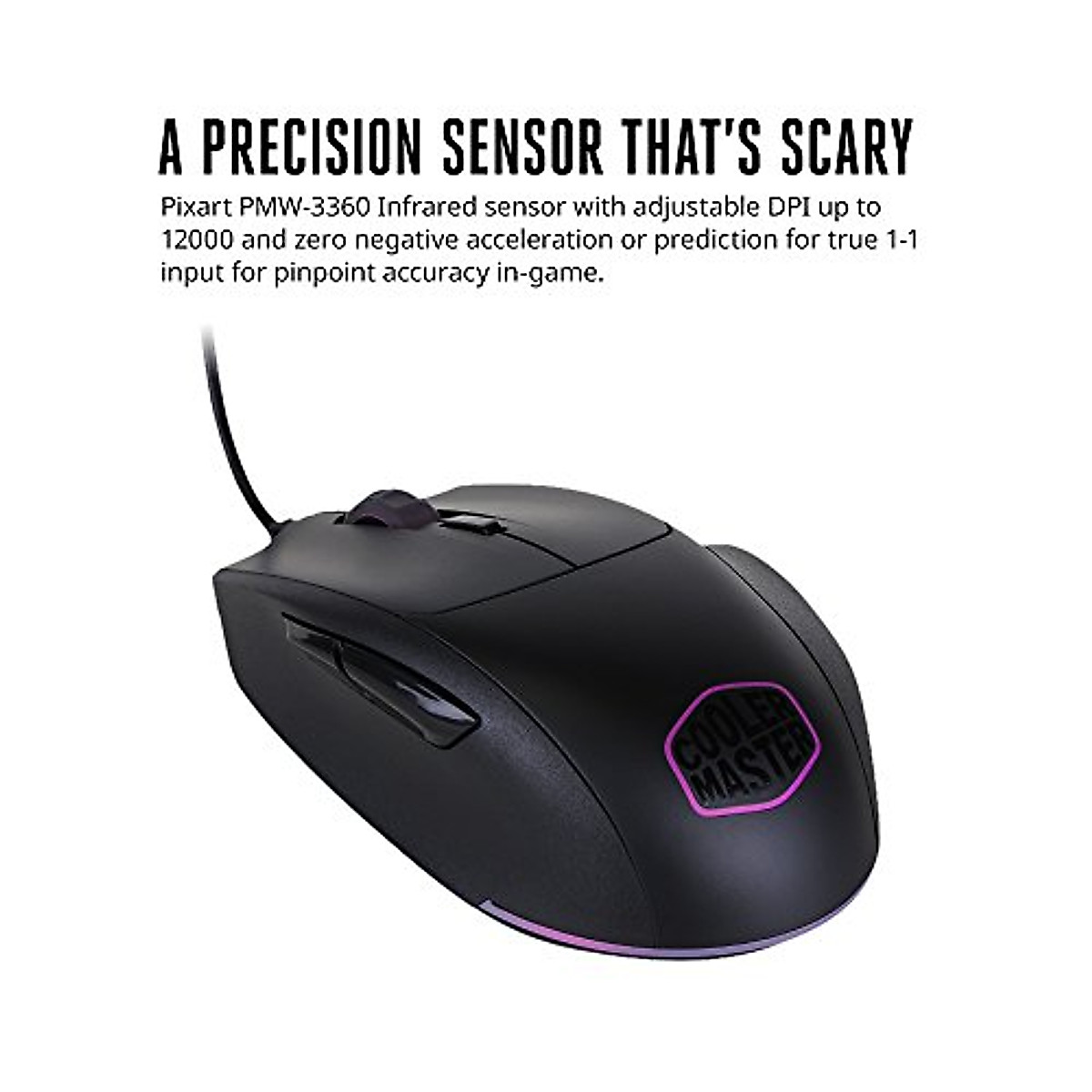 Cooler Master SGM-2007-KLON1 MasterMouse MM520 Claw Grip Gaming Mouse, 7 Buttons, RGB LED 3 Zone Light, On-The-Fly DPI 12000, Lag-Free