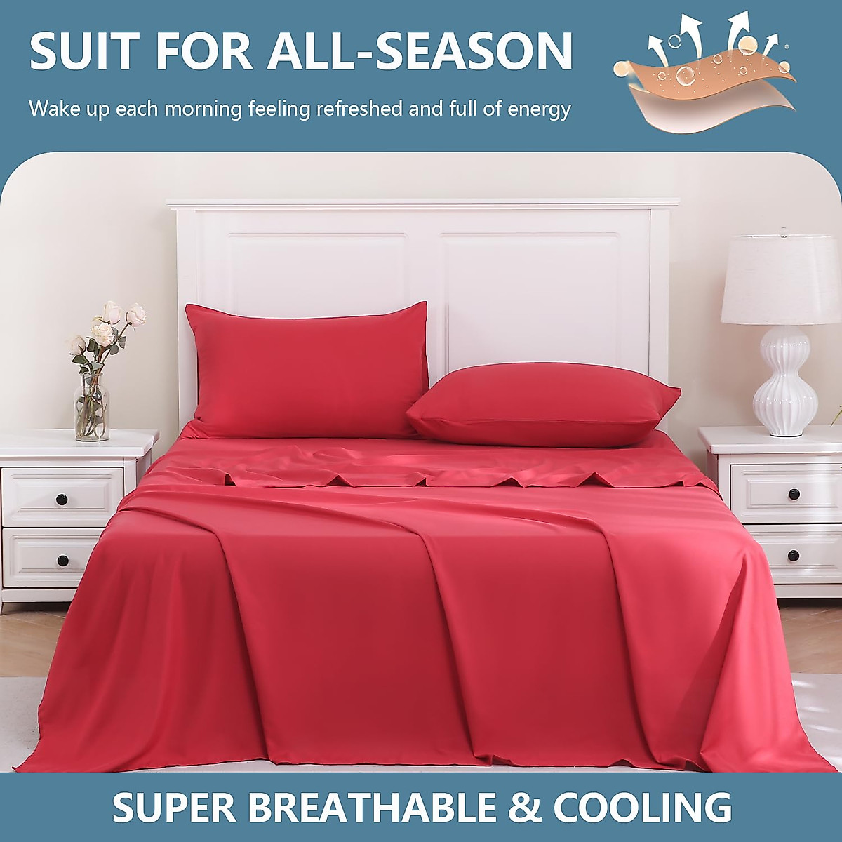 MEISHANG Full Size Sheet Set, Soft Breathable Cooling Brushed Microfiber Bed Sheets, Hotel Luxury Sheets with 16 Inch Deep Pocket, Wrinkle Free, 4 Pieces (Full, Burgundy Red)