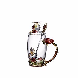 Flower Teacup Transparent Glass Teacup, (With Spoon + Lid) , Fancy Tea Cups , Flower Tea Cup,Tea Cup Gift, Gifts for Women,Mother's Day Present，Gift Box. (Rose Red High Cup)