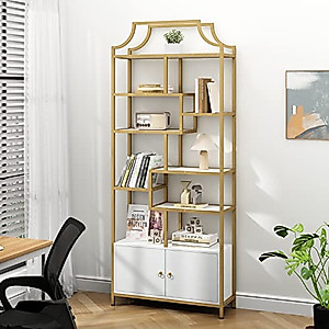 Loomie 8-Open Shelf Bookshelf with Cabinet, 76.77" H Lux Etagere Bookcase, Tall Storage Display Modern Open Book Shelf, Metal Geometric Book Case for Bedroom, Home Office & Living Room, Gold & White