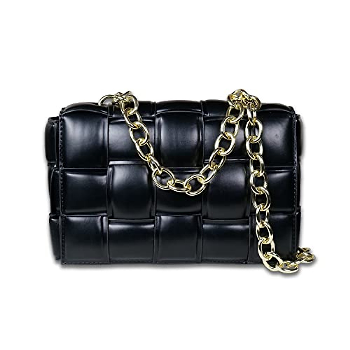 Bella Luna Woven Padded Cassette-Style Crossbody Handbag Purse for Women with Chain Bag (Black-Chain)