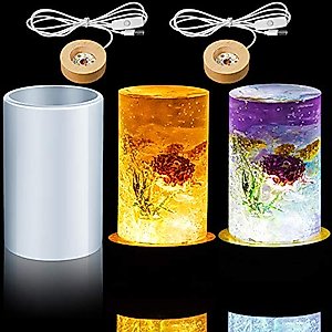 Cylinder Light Resin Silicone Mold Set, Include Cylinder Light Resin Mold and USB Powered Wooden Lighted Base Stand for DIY Desktop Ornaments Table Lamp Table Candle Home Decorations (3 Pieces)