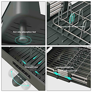 Expandable Dish Rack, Multi-Purpose Stainless Steel countertop Dish Drainer, with Swivel Drainage Spout & Non-Slip Silicone Bracket