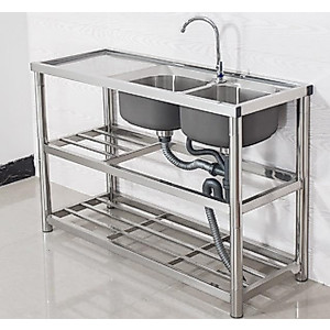TBVECHI Commercial 304 Stainless Steel Sink 2 Compartment Free Standing Prep & Utility Sink, Large 2 Bowls Sink for Garage, Restaurant, Kitchen, Laundry Room, Outdoor (2 Compartment Sink)