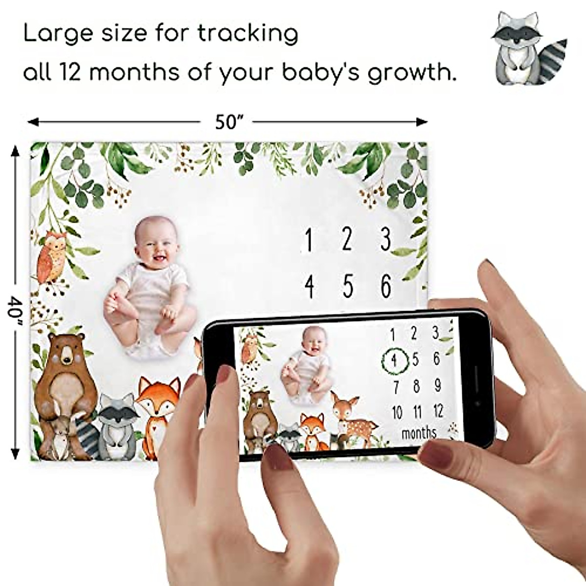 Yuzioey Woodland Baby Monthly Milestone Blanket, Woodland Animals Baby Growth Chart Monthly Blanket, Watch Me Grow Baby Woodland Forest Nursery for New Moms Baby Shower, Includes Marker (50"x40")