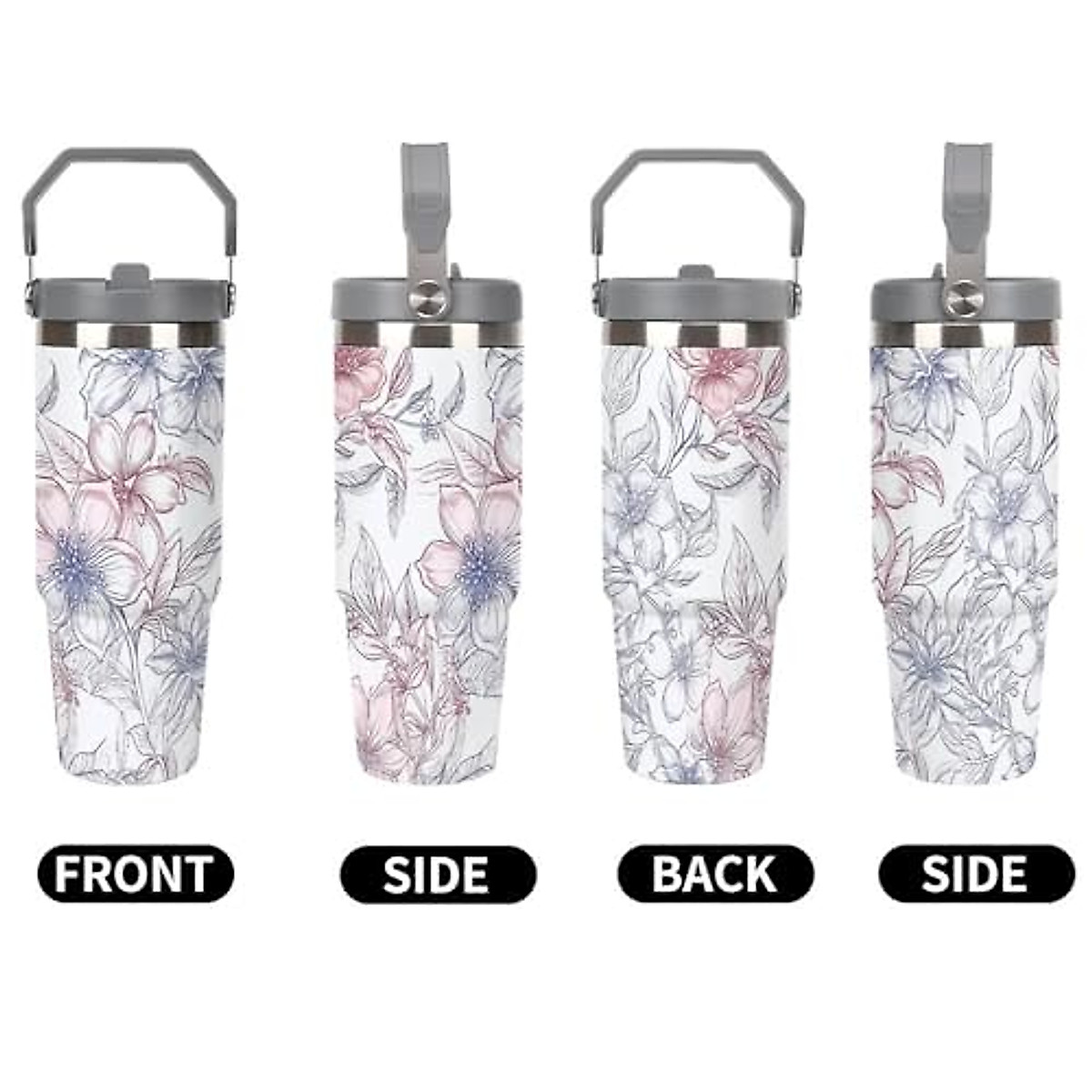 ZJCDPBR 30 Oz Tumbler with Foldable Handle And Flip Straw,Fresh Flowers Vacuum Insulated Travel Coffee Tumblers,Stainless Steel Leak-Proof Water Bottle,Fits in Cup Holder,Keep Cold 24H & Hot 12H