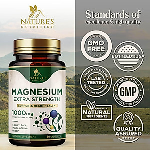 Magnesium Supplement (Citrate Oxide) 1000mg for Best Absorption, Supports Bone, Heart Health, Nerves, Muscles & Metabolism, Nature's Pure Magnesio Vitamin Pills, Bottled in USA, 60 Capsules