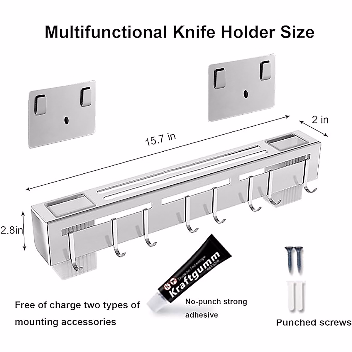 Knife Holder, Stainless Steel Knife Holder with 8 Hooks, No Punching kitchen Wall Mounted Multifunctional Chopsticks & Knife Holder for Storing Chopsticks, Knives & Rags in Home/Hotel