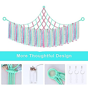 DVUBMO Stuffed Animal Net or Hammock with LED Light, Hanging Corner Net for Stuffed Animals Storage, Stuffed Animal Hammock Holder with Tassels for Nursery Play Room Kids Bedroom (Green+Pink)