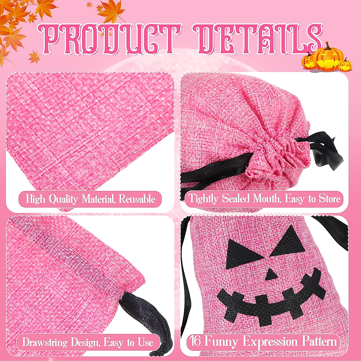 Paterr 48 Pcs 5 x 7 Inch Halloween Burlap Treat Bags Bulk Halloween Party Favors Pumpkin Goody Gift Bags with Drawstring Small Candy Pouches for Kids Halloween Trick or Treat Candy Bags(Pink)