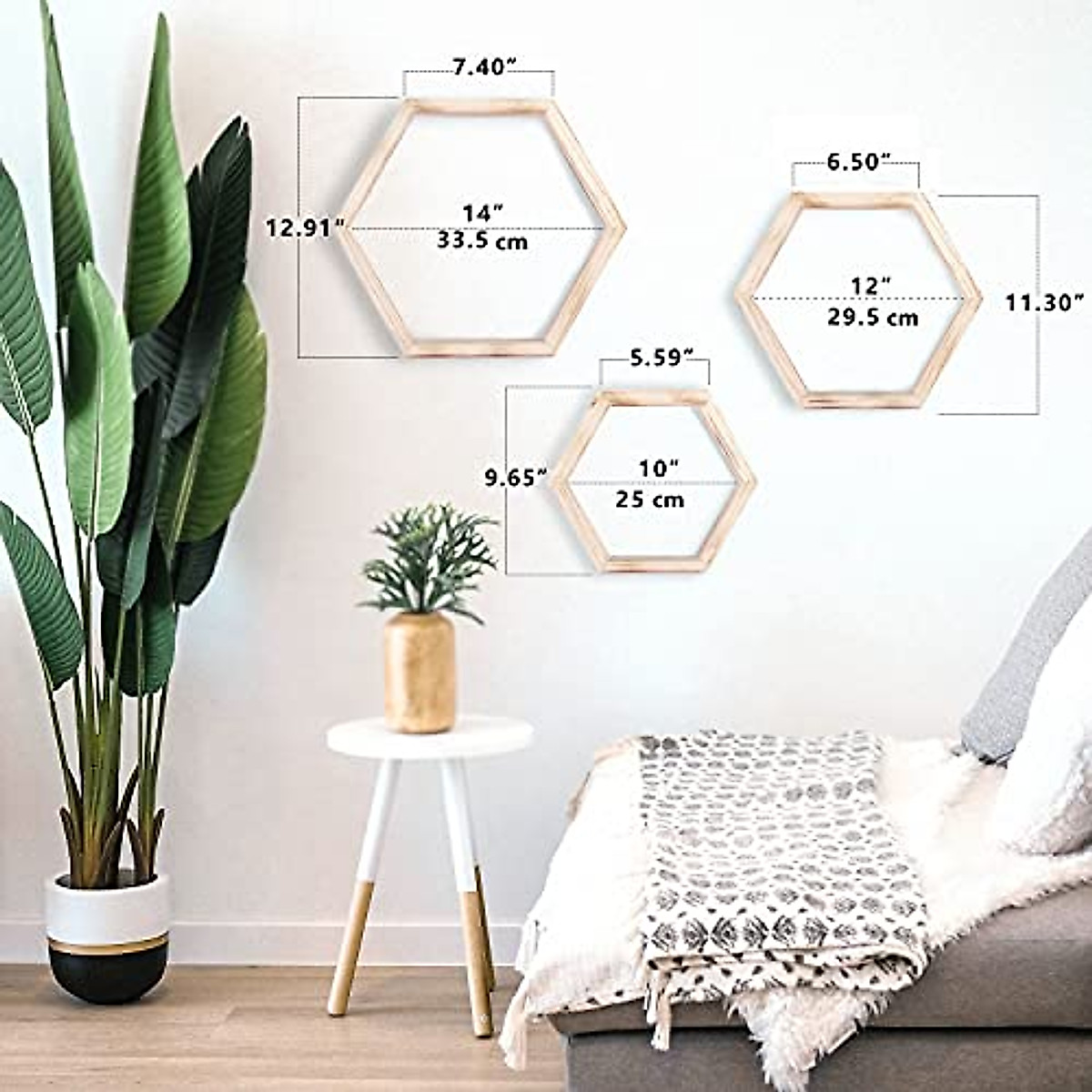 ZENGAOOU Hexagon Floating Shelves, Set of 3 Wall Mounted Wood Farmhouse Storage Honeycomb Wall Shelf Bathroom Home Decor for Kitchen, Bedroom, Living Room, Office - Light Brown