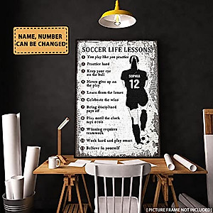 365FURY Soccer Life Lessons Poster with Personalized Name and Number Wall Art For Girls Room Perfect Gifts For Birthday Anniversary Holidays Rustic Picture Without Frame