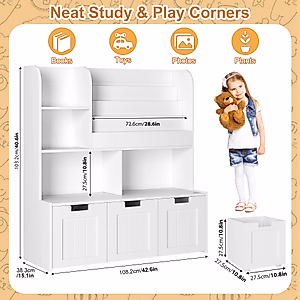 GarveeHome Large Toy Storage Organizer with 3 Movable Drawers,Kid's Bookshelf with 4 Storage Cubbies and 4 Layer Sling Bookcase,Toy Chest for Kids Room,Playroom,Classroom,Nursery, White