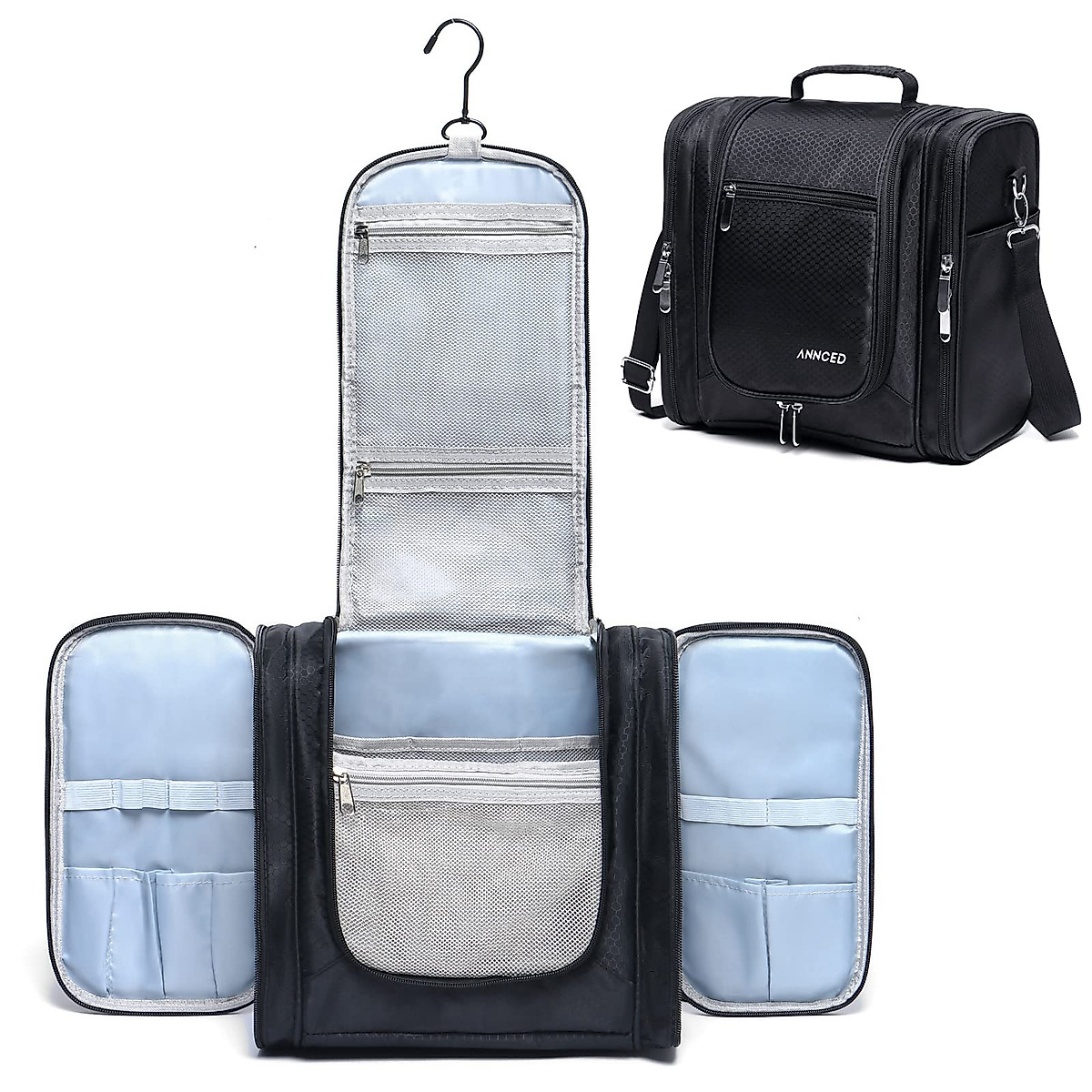 ANNCED Large Capacity Hanging Travel Toiletry Bag for Women and Men,With Shoulder Strap,Waterproof Bathroom and Shower Caddy Organizer Kit for Toiletries,Accessories,Cosmetics, Makeup,Brushes,Black
