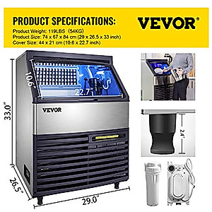 VEVOR 110V Commercial Ice Machine 440LBS/24H with 77LBS Bin, Full Cube, LED Panel, Stainless Steel, Air Cooling, ETL Approved, Professional Refrigeration Equipment, Include Scoop and Connection Hose