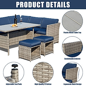 AVAWING 7 Pieces Patio Furniture Sets, Outdoor Dining Sectional Rattan Couch Sofa w/Ottoman Chairs, All-Weather Wicker Conversation Set for Lawn, Backyard, Garden, Poolside, Balcony, Blue