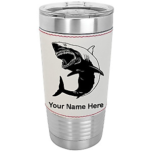LaserGram 20oz Vacuum Insulated Tumbler Mug, Great White Shark, Personalized Engraving Included (Faux Leather, Baseball Style)