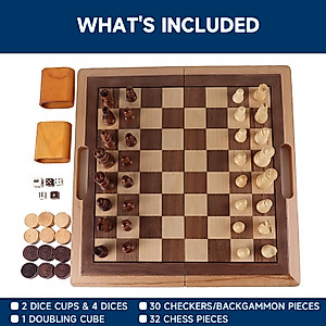 GSE Games & Sports Expert 16" Deluxe 3-in-1 Wooden Folding Chess, Checker and Backgammon Board Game Combo Set, Portable Travel Chess Checker Backgammon Set for Kids & Adults