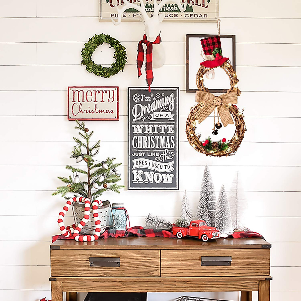 DearHouse 16 x 8 Inch Lighted Christmas Wreath Decoration, Grapevine Wreath with Hat and Bow Snowman Shape Wreath for Front Door Home Garden Wall Decor