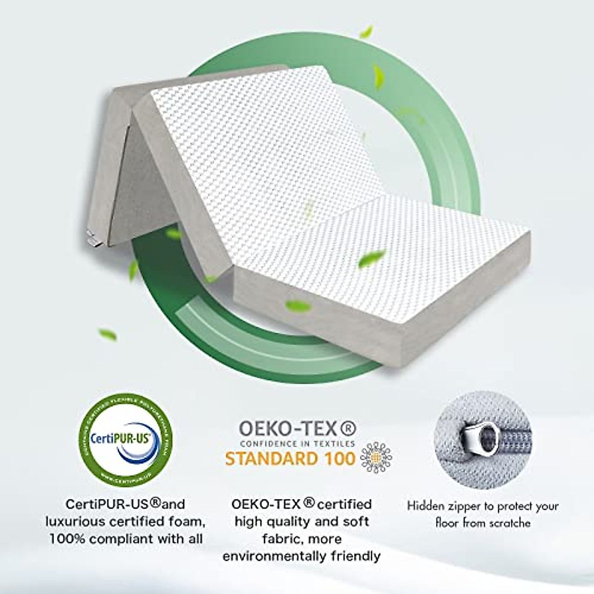 Bejibear Folding Mattress, Upgraded Memory Foam Tri-fold Mattress with Ultra Soft Cover, Oeko-tex CertiPUR-US Certified Non-Slip Breathable Washable Cover, Foldable Mattress for Floor