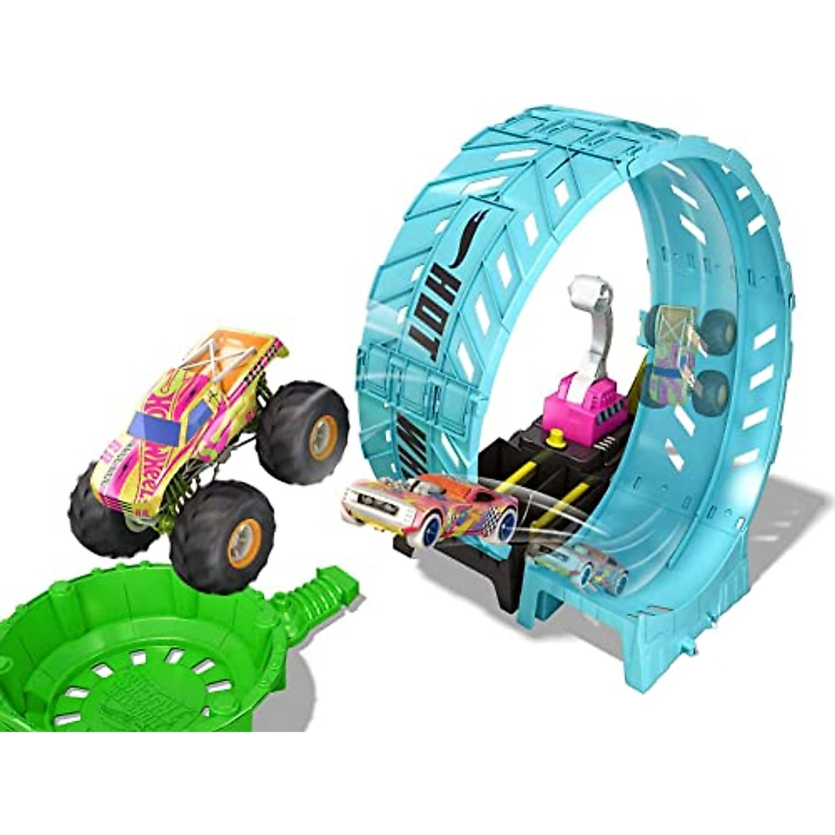Hot Wheels Monster Trucks Glow in The Dark Epic Loop Challenge Playset with Launcher, Ramp & Giant Loop, Includes 1 1:64 Scale Die-Cast Truck & 1 Car, Toy Gift for Kids 4 to 8 Years Old