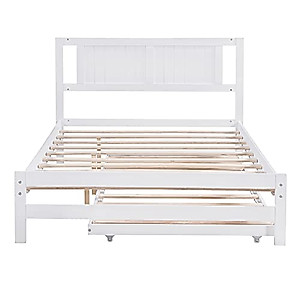 Morhome Full Size Platform Bed with Adjustable Trundle, Wooden Bed Frame with Headboard for Kids Teens Adults