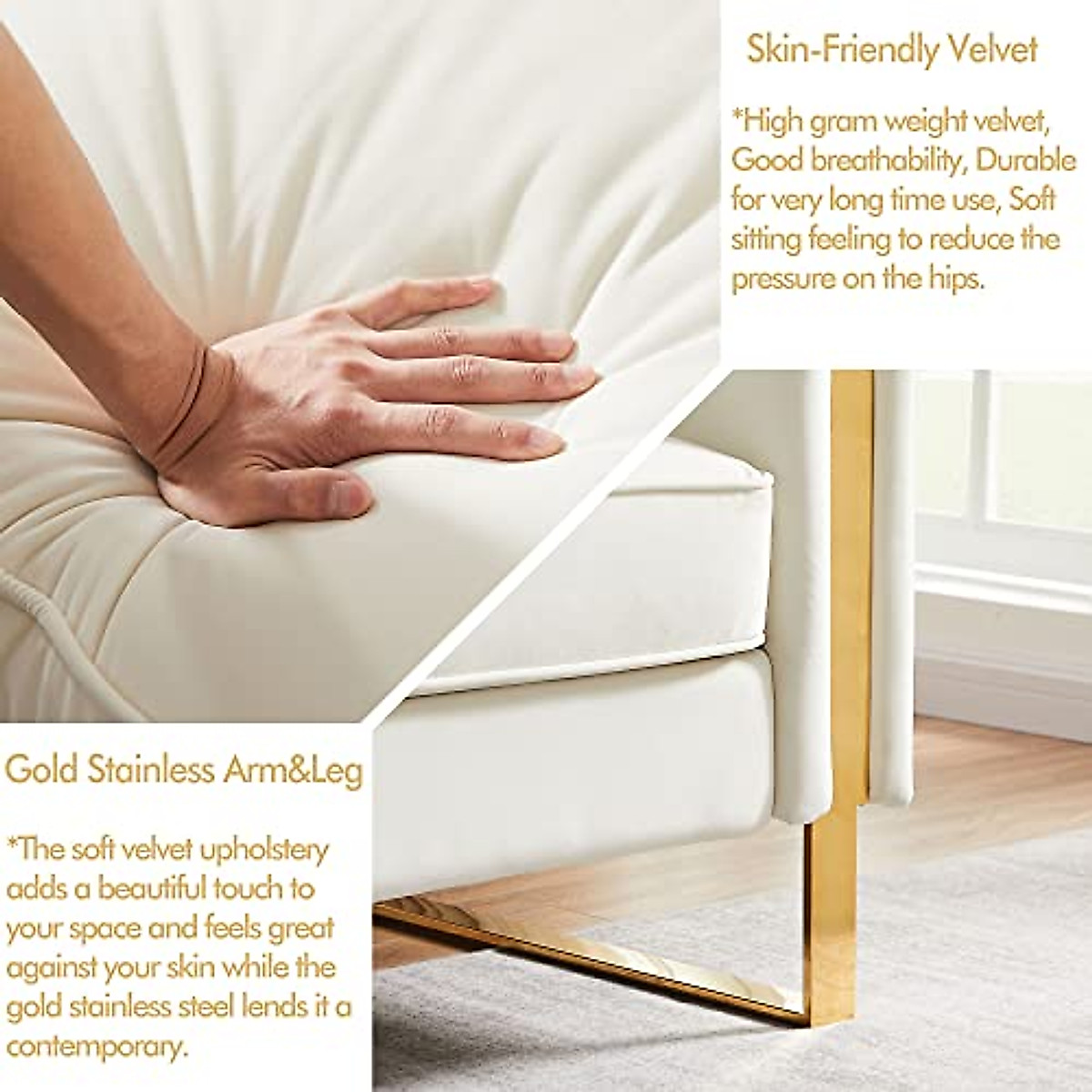 Xozor 83" Chesterfield 2 Person Couch, Velvet Loveseat Couch Sofa Tufted Upholstered Couch with Gold Stainless Steel Legs and Square Rolled Arms for Living Room Bedroom Apartment (Beige)