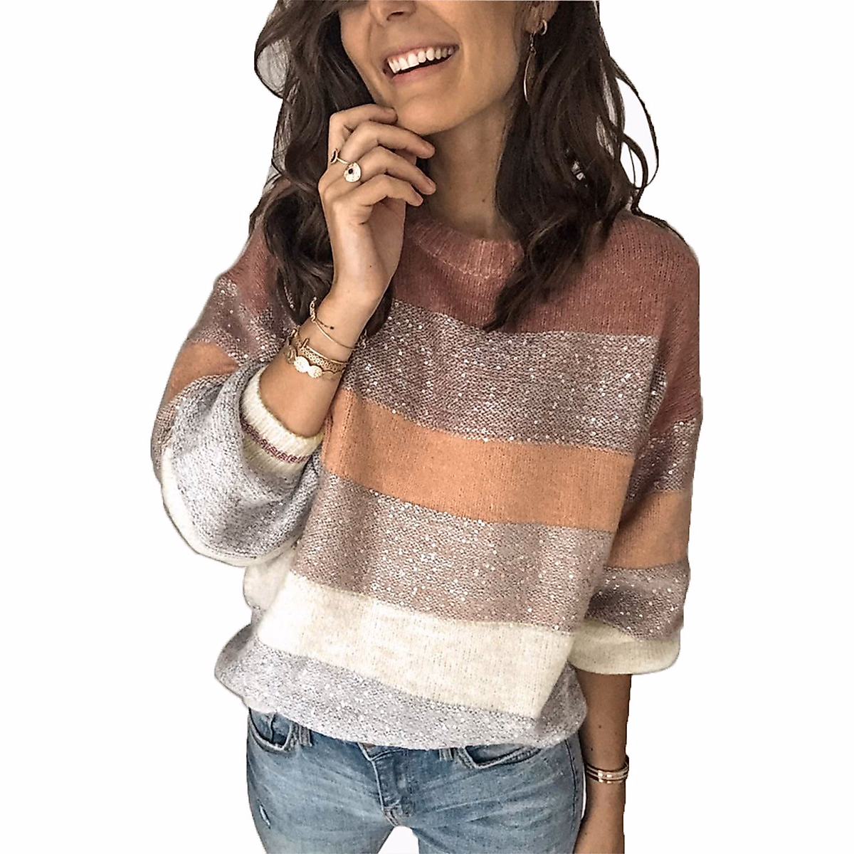 ANCAPELION Women’s Casual Sweater Pullover Tops Sequin Glitter Winter Basic Long Sleeve Knitted Orange Sweatshirt Tops Small