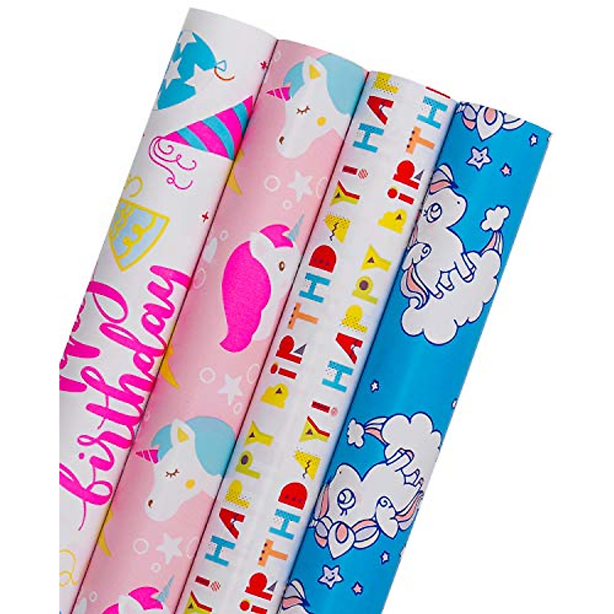 WRAPAHOLIC Birthday Wrapping Paper Roll - Unicorn Rainbow Pony Pink Blue with Cut Lines - 4 Rolls - 30 inch X 120 inch Per Roll