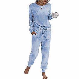 PRETTYGARDEN Women's Tie Dye Two Piece Pajamas Set Casual Long Sleeve Sweatshirt with Long Pants Loungewear (Grey,X-Large)