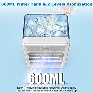 Personal Air Cooler, 90° Oscillated Evaporative Portable Air Conditioners, 5 Wind Speeds Quiet Mini Air Conditioner with Gradient Color Light/Humidifier/1-8H Timing for Desktop Home Office 600ML