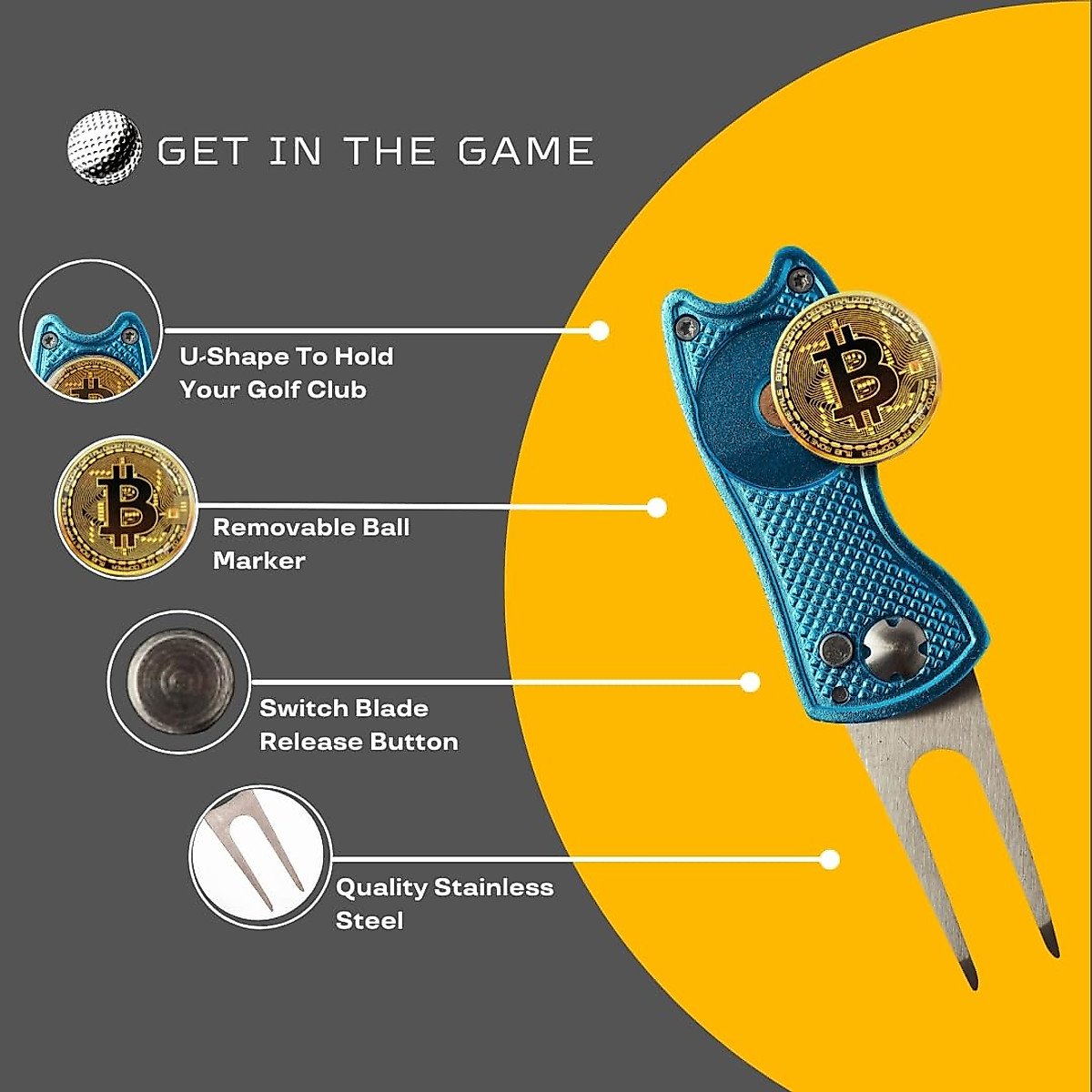 HODL 21 Bitcoin Golf Divot Repair Tool, All-Metal Golf Accessories - 3- in-1 Golf Multitool (Divot Tool, Ball Marker, Club Holder) | Foldable with with Pop-up Button & Magnetic Ball Marker