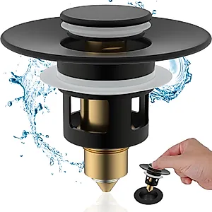 Hibbent All Metal Universal Bathroom Sink Stopper, for 1.1''~2.3'' Basin Pop Up Sink Drain Strainer, Upgraded Brass Bullet Core Push Type Sink Stopper, Anti Clogging Drain Filter, Matte Black