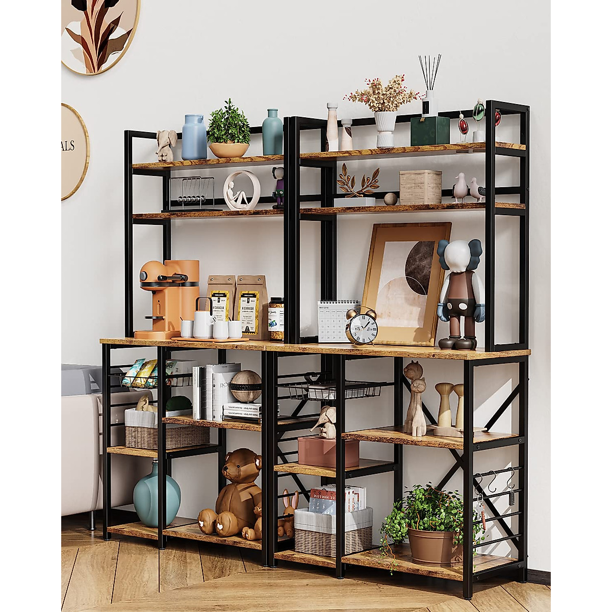 Gizoon Home Kitchen Baker's Rack with Spacious Storage, 5 Tier Versatile Microwave Stand Shelf with Basket & Side Hooks,Free Standing, Sturdy, Durable-Retro