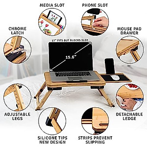 Foldable Laptop Bed Desk with Mouse Pad, Adjustable Folding Bamboo Tray Lap Stand Table for Work Breakfast College Students - Fits up to 17 Inch Laptops