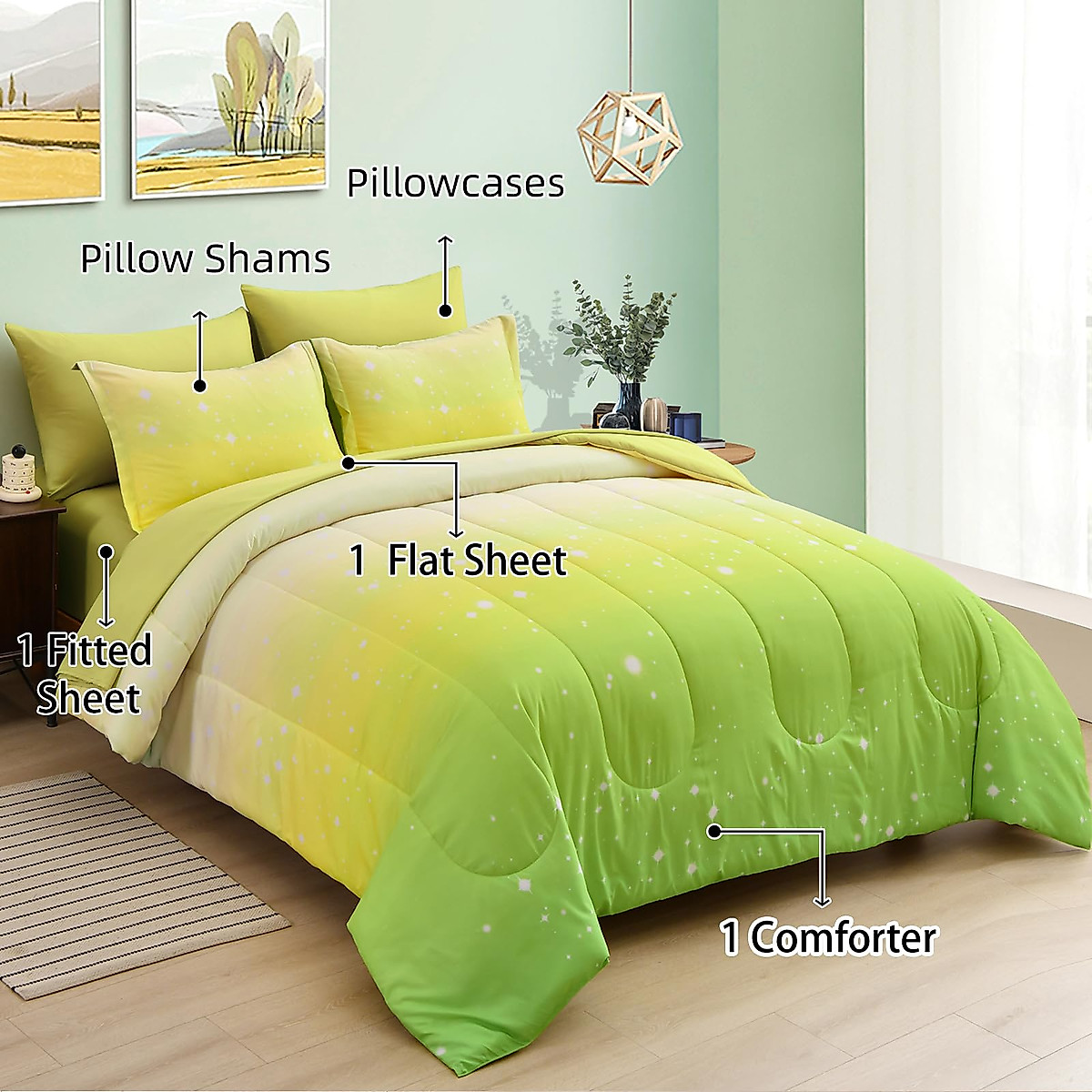 Drucon Girls Comforter Set Twin, 6 Pieces Bed in a Bag Gradient Yellow Comforter Soft Microfiber Bedding Set Twin Size(1 Comforter, 1 Flat Sheet, 1 Fitted Sheet, 1 Pillow sham, 2 Pillowcases)