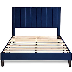 Allewie Queen Platform Bed Frame/Velvet Upholstered Bed Frame with Vertical Channel Tufted Headboard/Strong Wooden Slats/Mattress Foundation/Box Spring Optional/Easy Assembly/Navy Blue