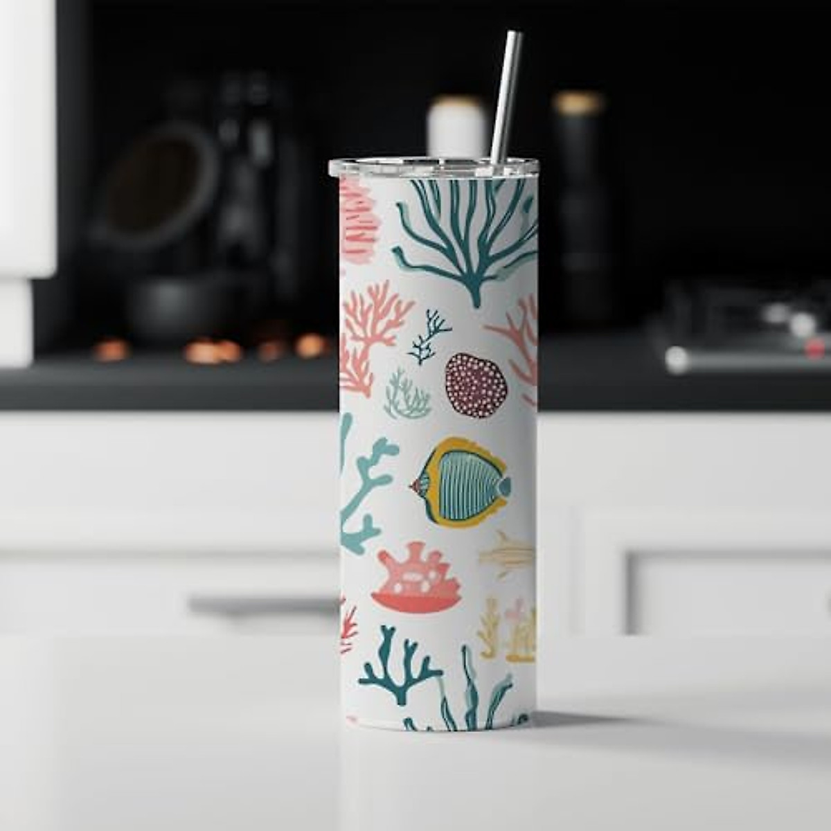 Tumbler with Lid and Straw Cartoon Water Plants and Fish thermos coffee travel mugcute cups 20 oz insulated tumbler for Daily Holiday Decor Gift coffee cup