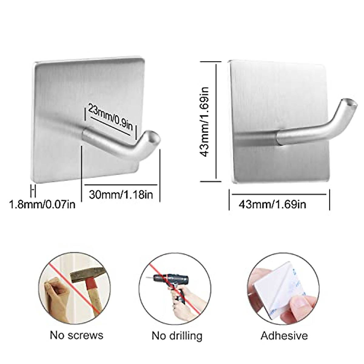Adhesive Towel Hooks Stainless Steel Heavy Duty Shower Hook Waterproof Wall Hooks Stick on Door Cabinet Robe Rack Hanger for Hanging Clothes, Coats, Bags, Keys, Bathroom Kitchen and Bedroom-4 Packs