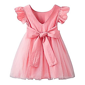 LYXIOF Toddler Baby Girl Tutu Tulle Dress Cotton Linen Ruffle Back Bowknot Princess Party Dresses Pink 90CM