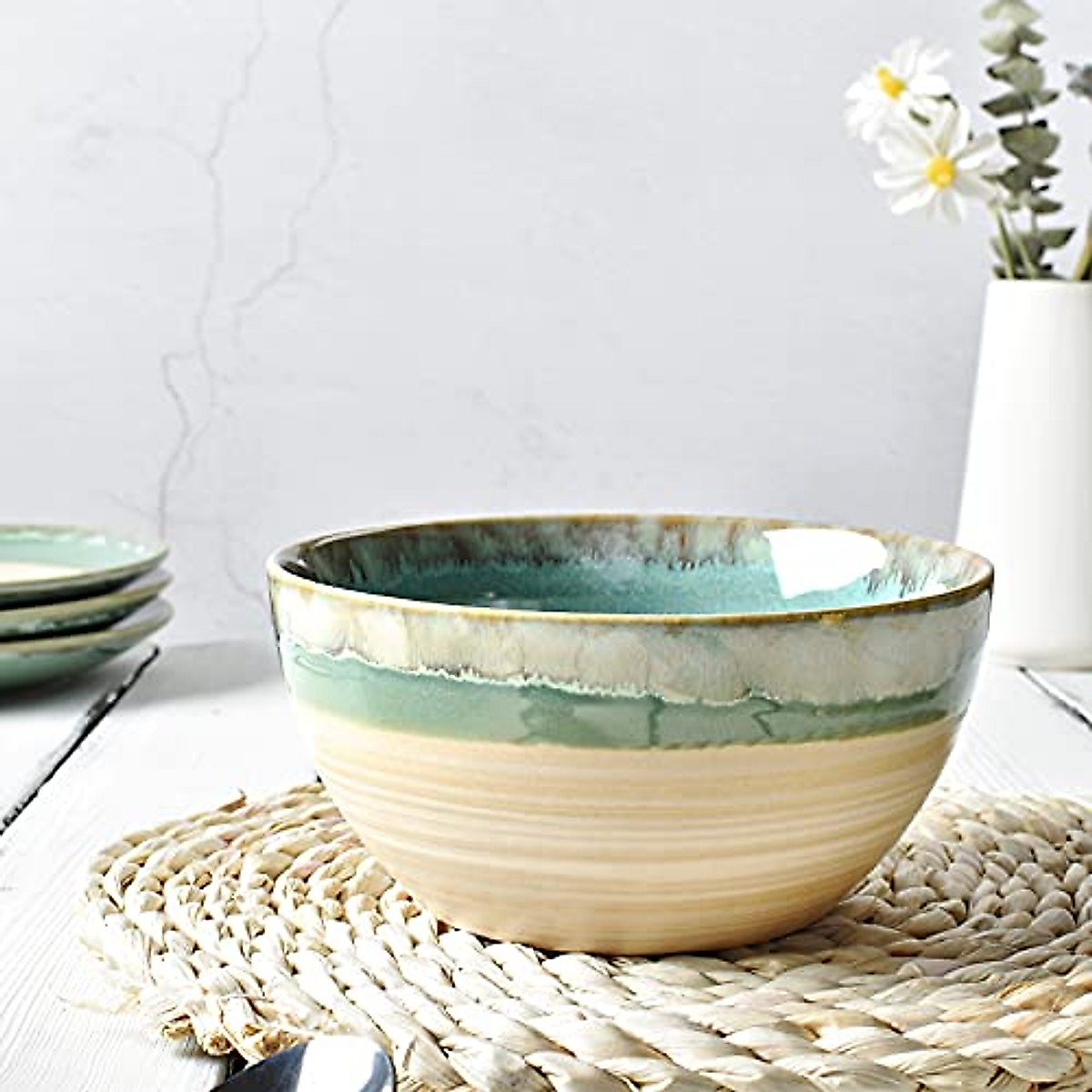 Bosmarlin Ceramic Soup Bowl Set of 4, 26 Oz, Stoneware Cereal Bowl for Oatmeal, Salad, Dishwasher and Microwave Safe, Reactive Glaze (Green, 6 in)