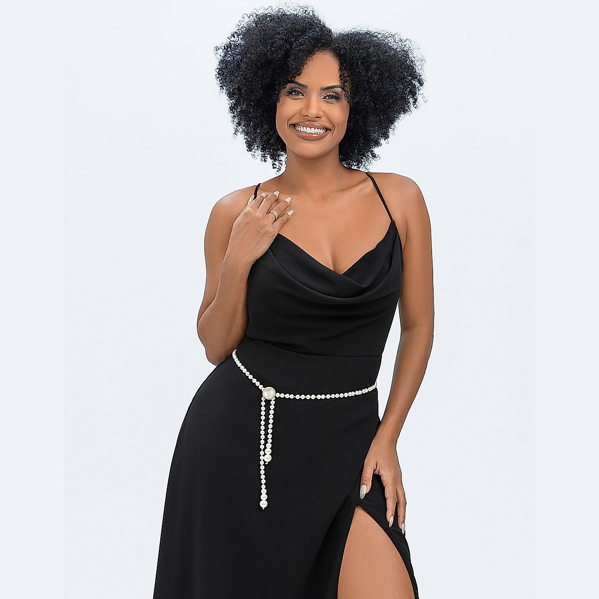 Wriidy Pearl Belt White Waist Chain Adjustable Dresses Plus Size Women Belly Jewelry Accessories for Girls (Classic, 45 inches)