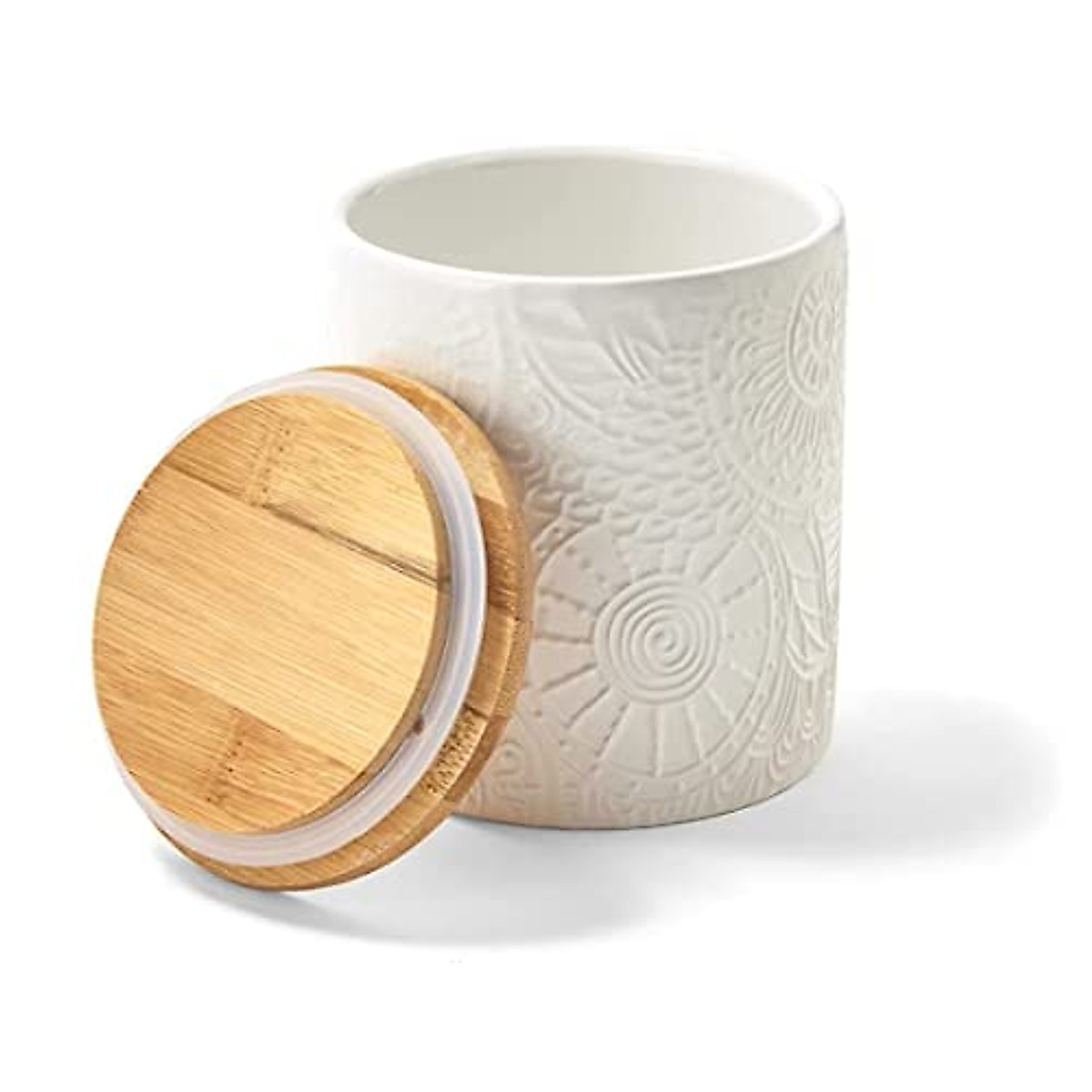 American Atelier Embossed Canister Set 4-Piece Ceramic Set Jar Container with Wooden Lids for Cookies, Candy, Coffee, Flour, Sugar, Rice, Pasta, Cereal & More White