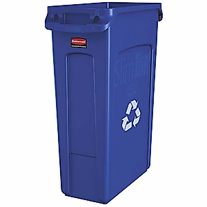 Rubbermaid Commercial Products Slim Jim Plastic Rectangular Recycling Bin with Venting Channels, 23 Gallon, Blue Recycling (FG354007BLUE) & FG267360BLUE Slim Jim Trash Can, Swing Lid, Blue